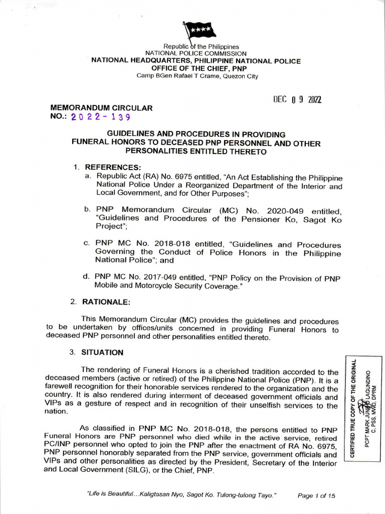 PNP MC 2022 139 Guidelines and Procedures in Providing Funeral Honors To Deceased PNP Personnel ...