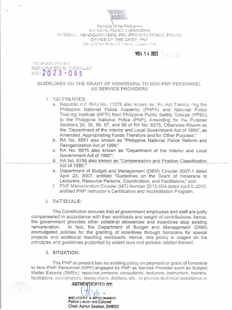 PNP MC NO 2023 065 Guidlines On The Grant of Honoraria To Non PNP ...