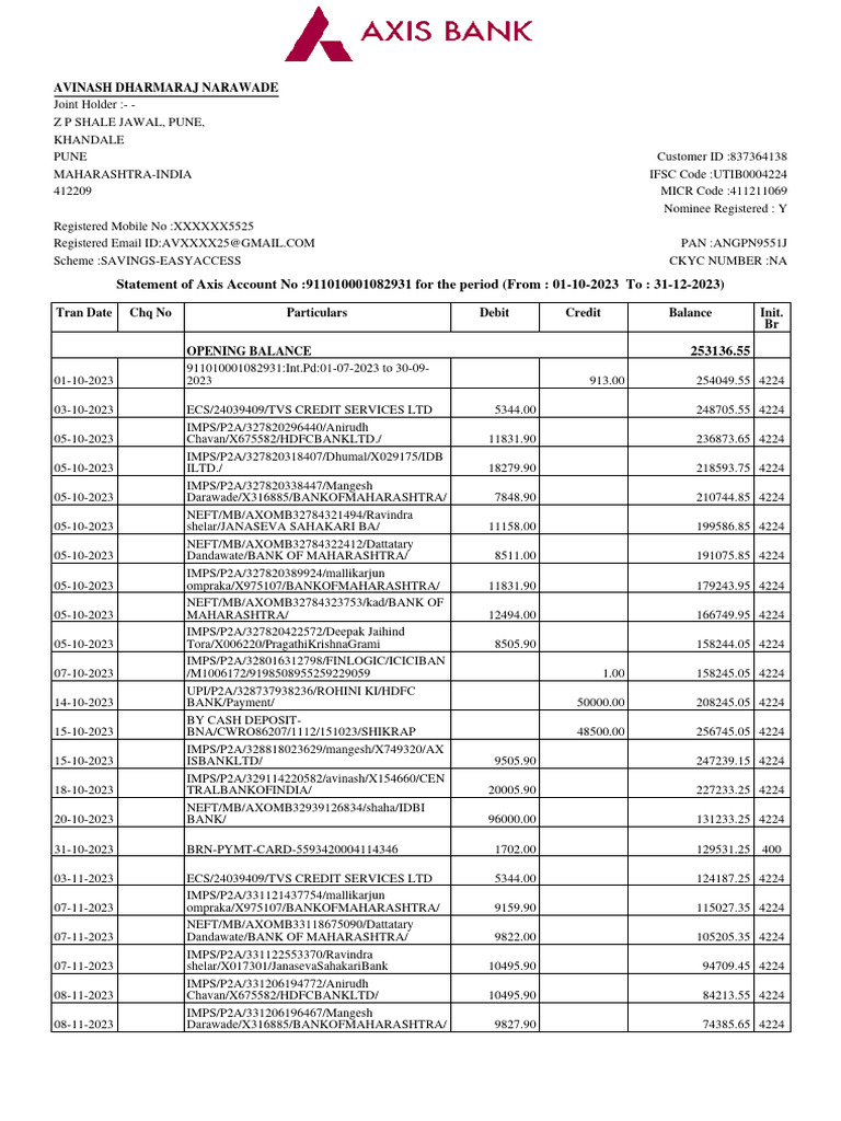 Axis Bank Account Statement Q4 2023 | PDF | Banks | Cheque