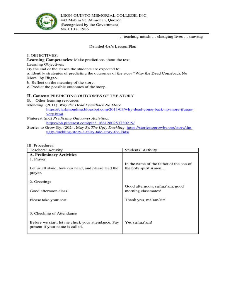 Detailed Lesson Plan Group 5 Team Teaching | PDF | Duck | Reading Comprehension
