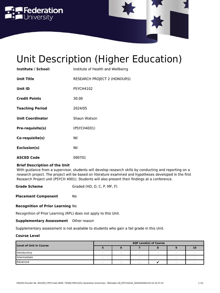 Unit Description Psych4102 Research Project 2 (Honours) 3 | PDF ...