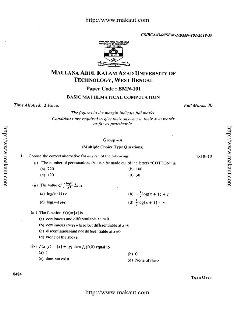 Bca 1 Sem Basic Mathematical Computation BMN 101 2019 | PDF
