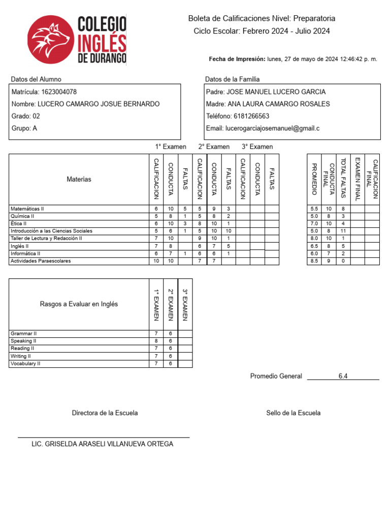Boleta de Calificaciones Nivel: Preparatoria Ciclo Escolar: Febrero ...