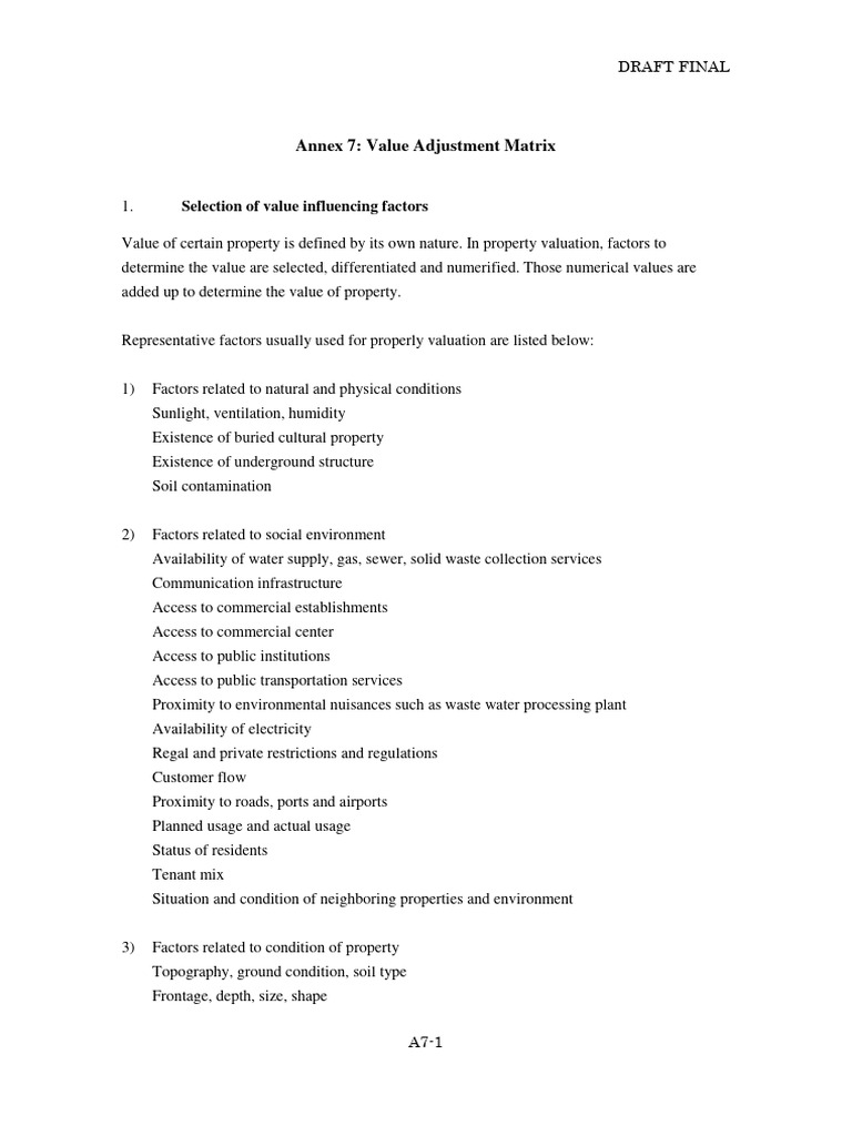 Annex 7: Value Adjustment Matrix | PDF | Road | Real Estate Appraisal