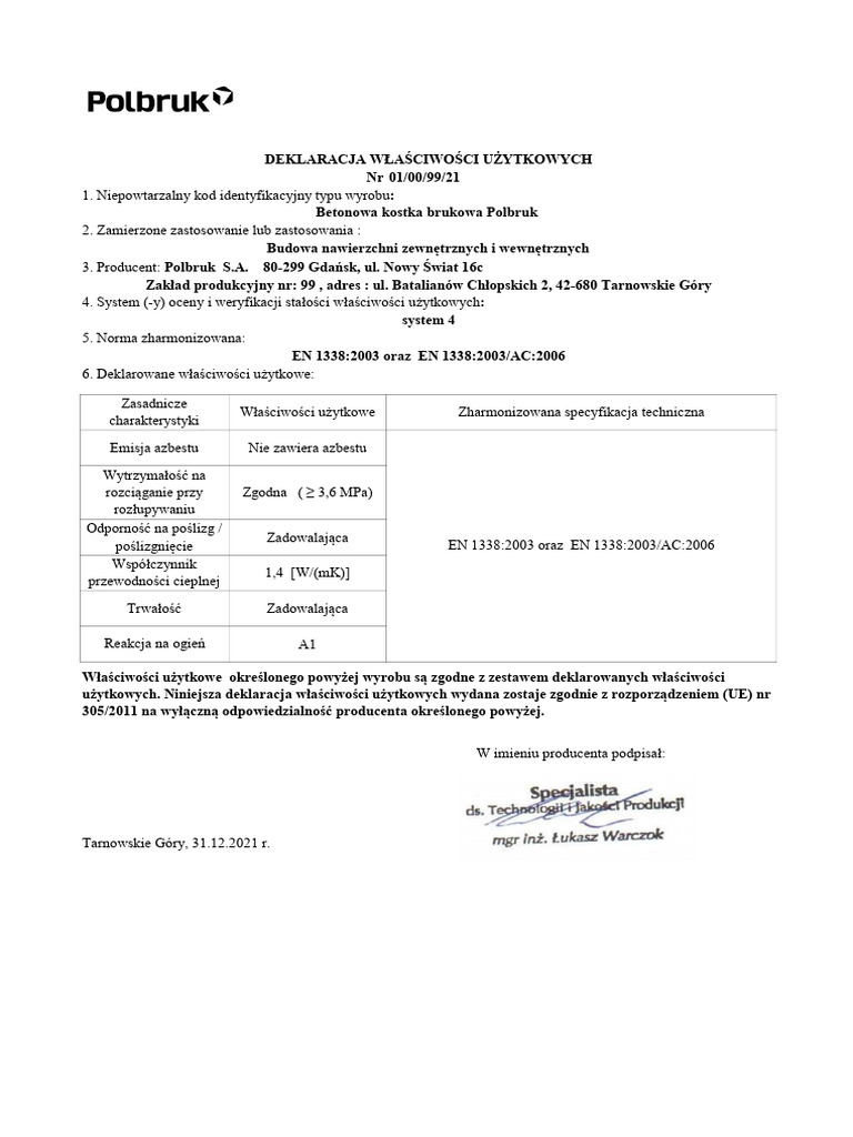 Deklaracja Wlasciwosci Uzytkowych Ideo Polbruk | PDF