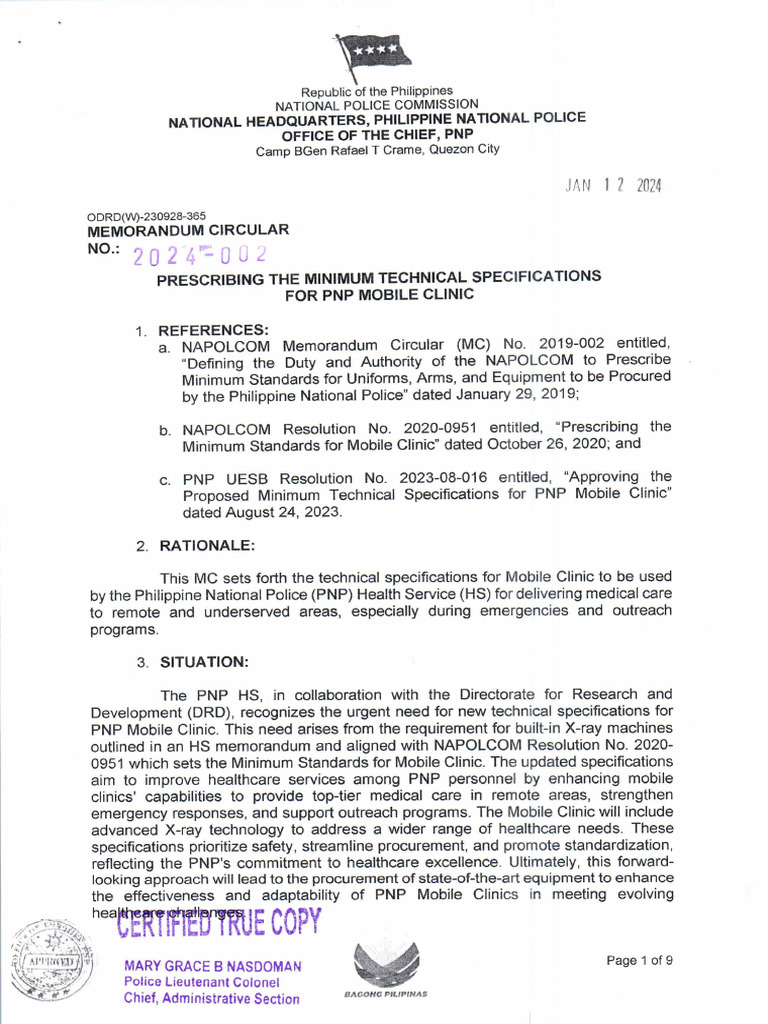 PNP MC No 2024 002 Prescribing The Minimum Technical Specifications For PNP Mobile Clinic 1 | PDF