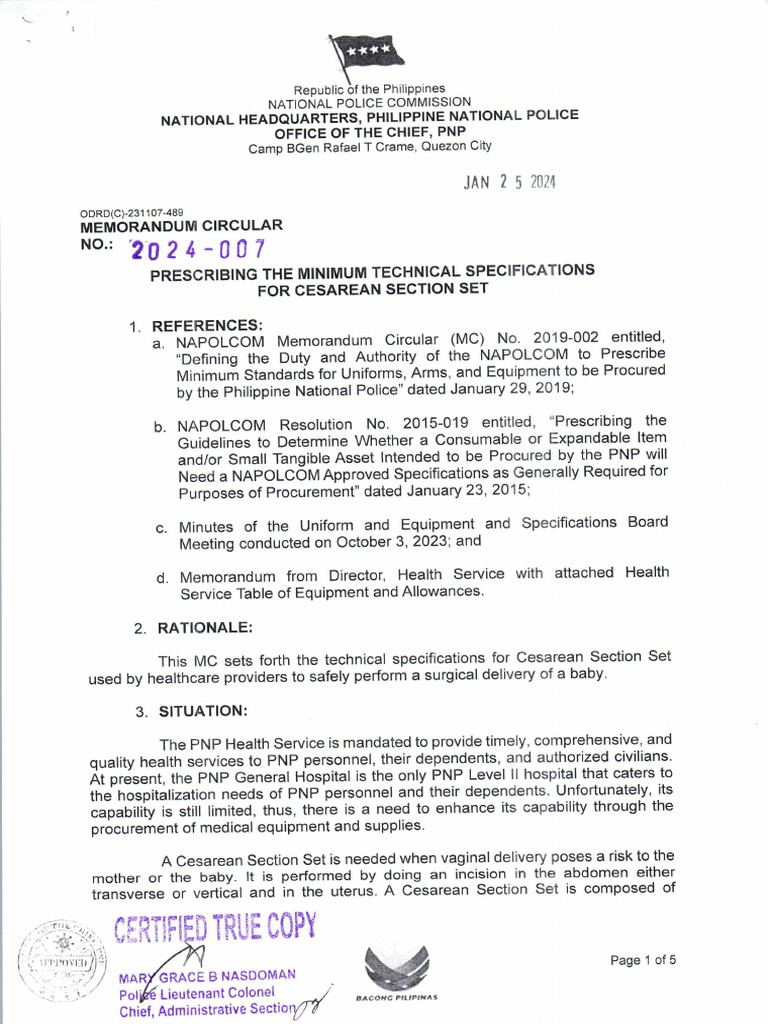 PNP MC 2024 007 Prescribing The Minimum Technical Specifications For Cesarean Section Set | PDF