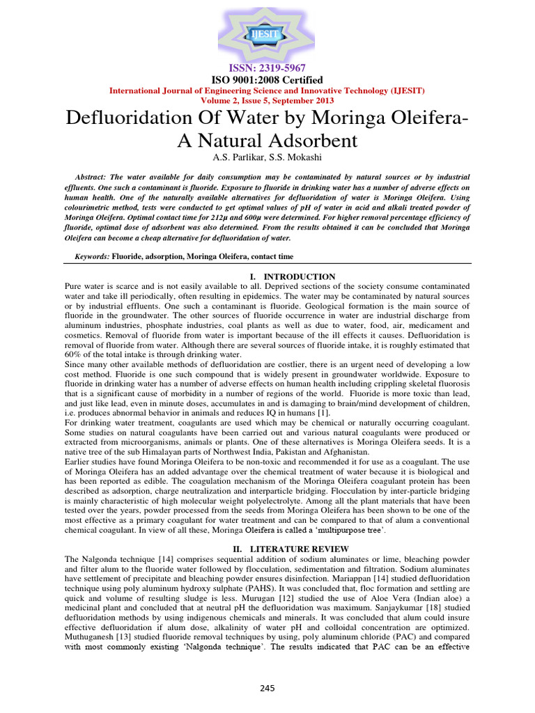 Defluoridation of Water by Moringa Oleifera-A Natural Adsorbent | PDF ...