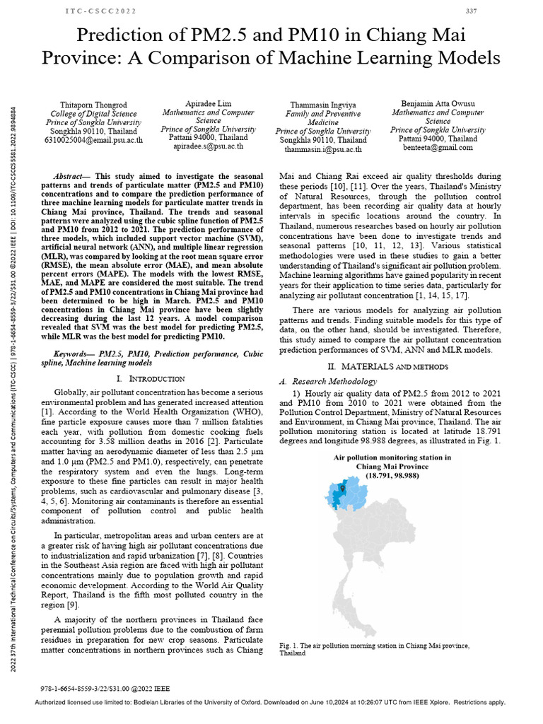 Prediction Of Pm2 5 And Pm10 In Chiang Mai Province A Comparison Of Machine Learning Models