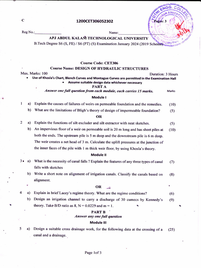Cet306 Design of Hydraulic Structures, January 2024 | PDF | Spillway | Dam