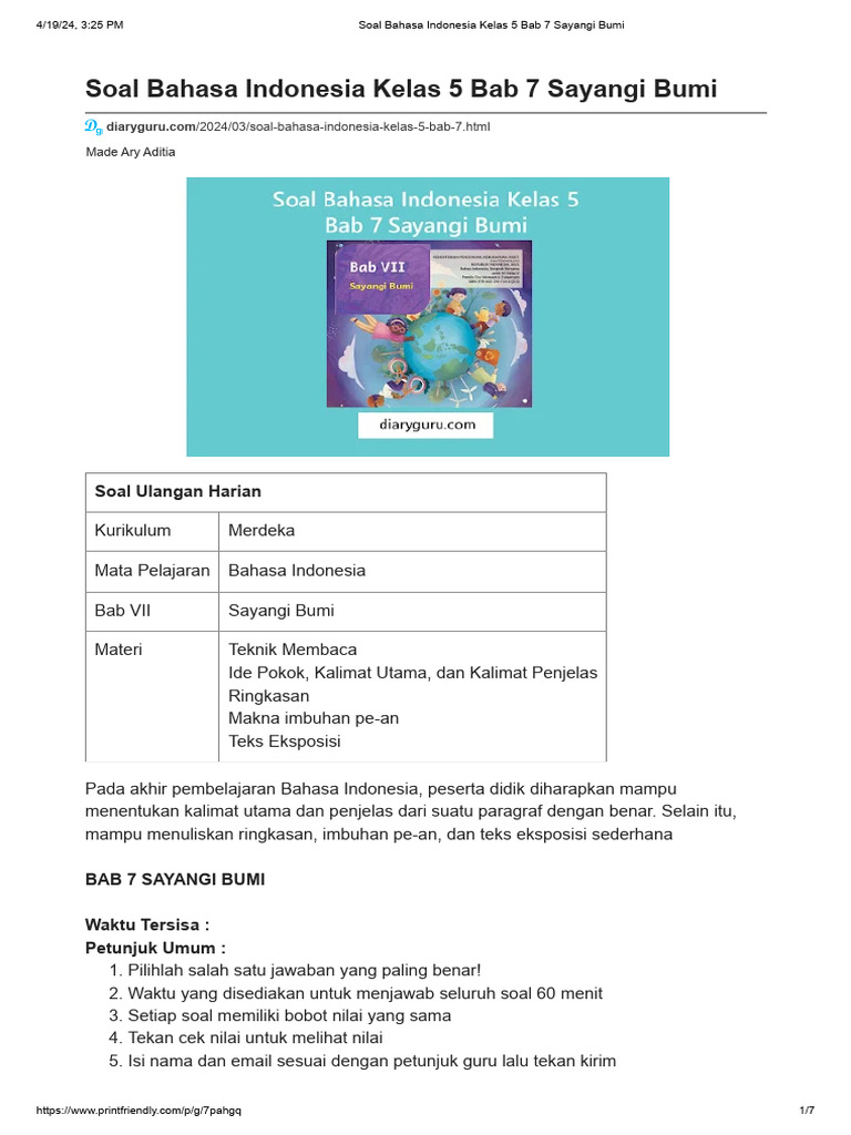 PSH Bahasa Indonesia Kelas 5 Bab 7 Sayangi Bumi | PDF