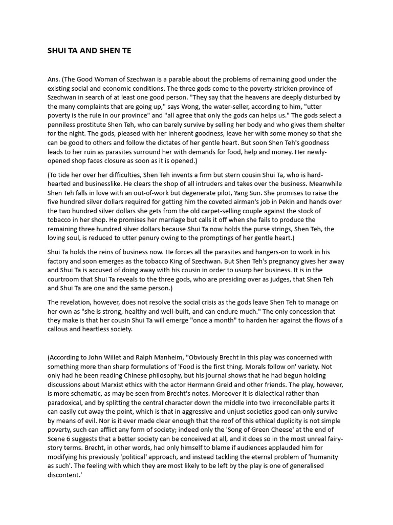 Shen Te's Transformation To Shui Ta | PDF