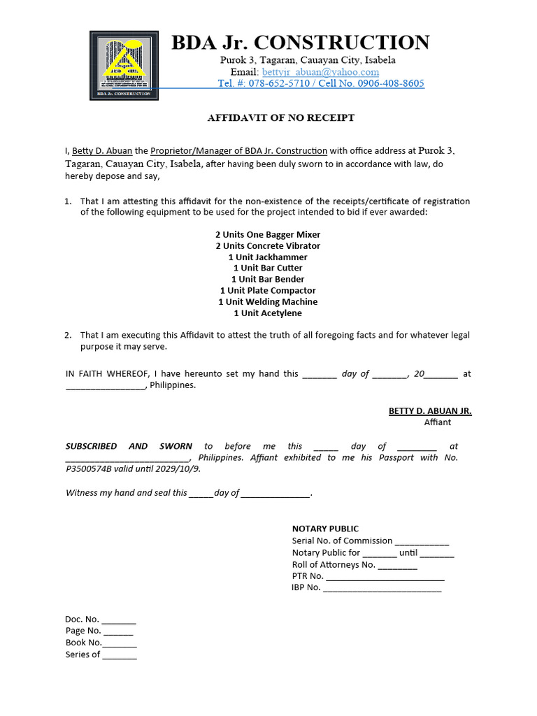Affidavit No Receipt | PDF | Affidavit | Evidence