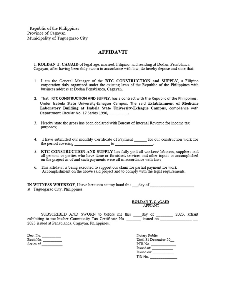 Affidavit of No Claim-Rtc New | PDF | Affidavit | Philippines