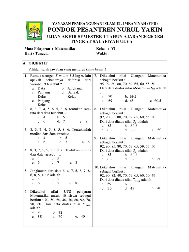 Soal Matematika Tingkat Salafiyah Ulya | PDF | Metode & Bahan Ajar