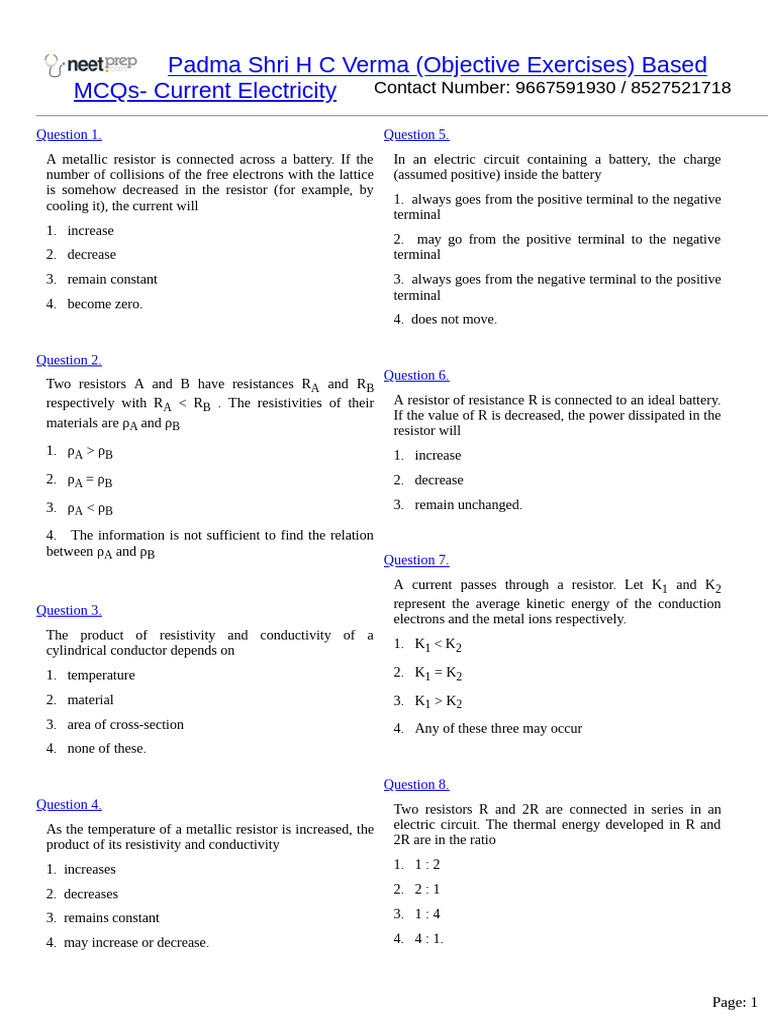 Current Electricity Padma Shri H C Verma Objective Exercises Based ...