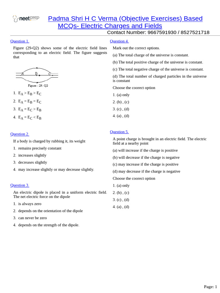 Electric Charges & Fields MCQs by H C Verma | PDF | Electric Charge ...