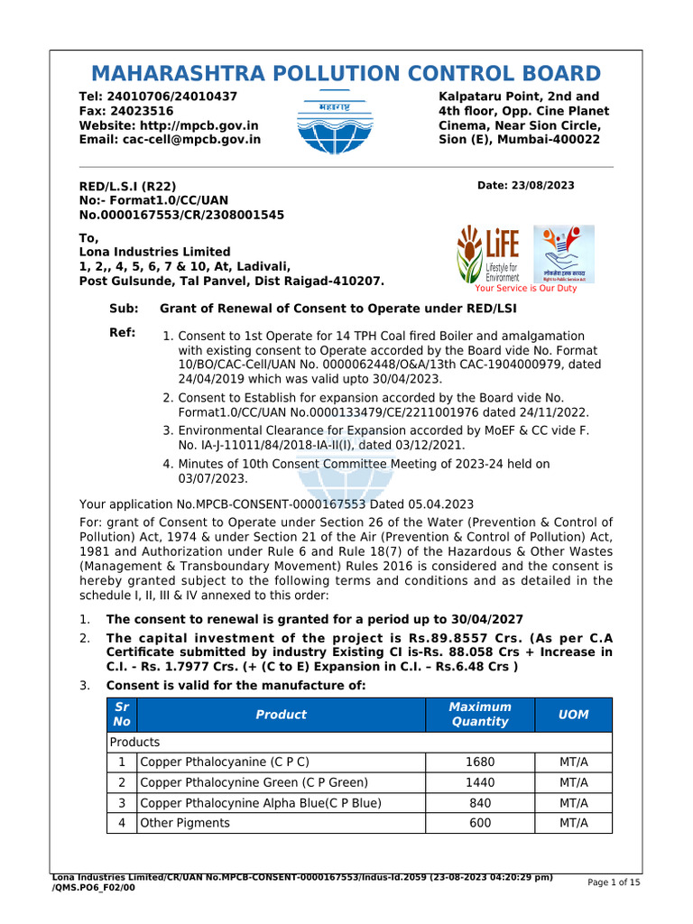 MPCB Consent Renewal for Lona Industries | PDF | Waste | Electronic Waste
