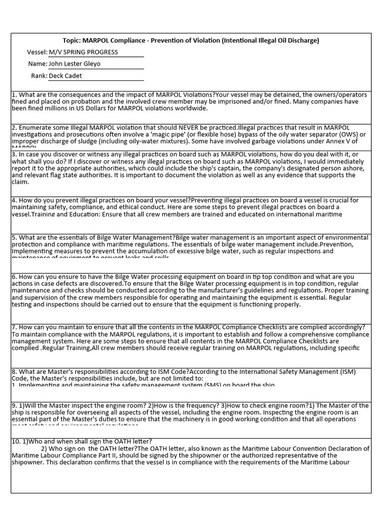 Assessment MARPOL Compliance Training | PDF