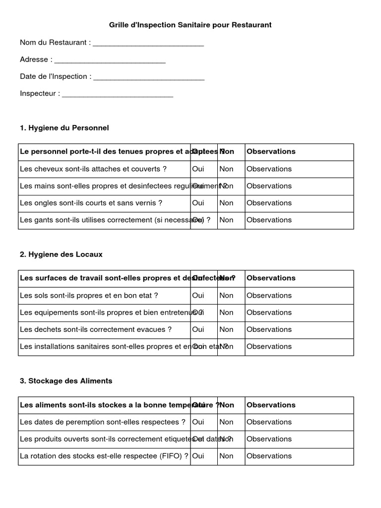 Grille Inspection Sanitaire Restaurant Corrigee | PDF | Analyse des ...