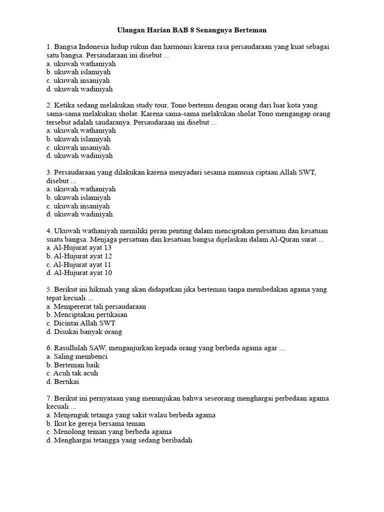 pai kelas 5 Ulangan Harian BAB 8 Senangnya Berteman | PDF