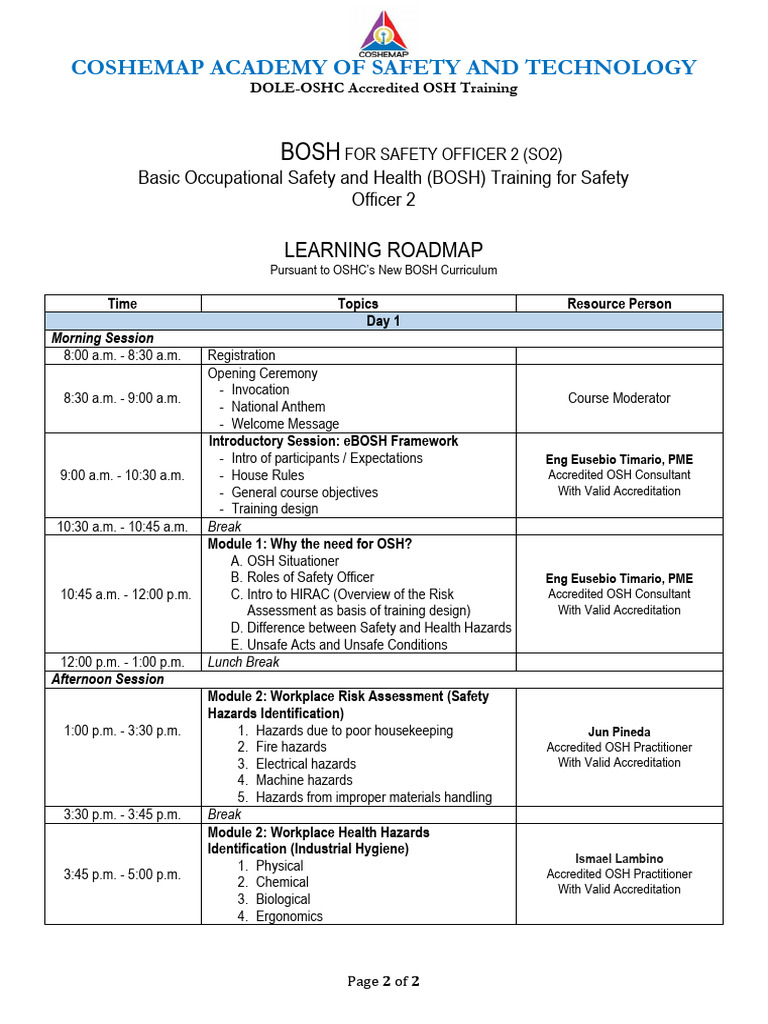 Learning Roadmap On BOSH For Safety Officer 2 | PDF | Hazards ...