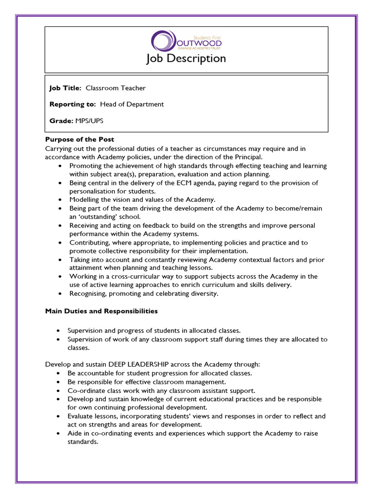 Math Teacher Job Description | PDF | Educational Assessment | Teachers