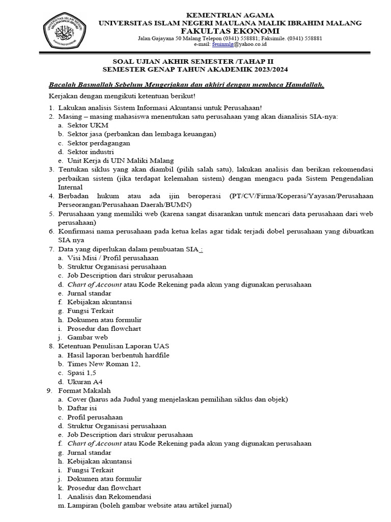 Soal Uas Sia 2024 | PDF | Bisnis