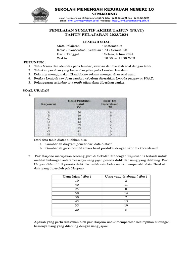 Soal PSAT Matematika Klas XI 2024 | PDF