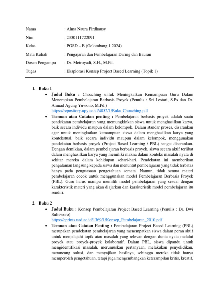 Eksplorasi Konsep - Diskusi Project Based Learning - T1 - Alma Naura Firdhausy | PDF