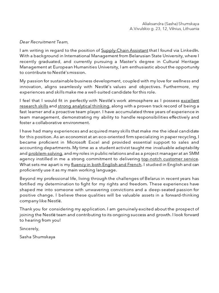 Cover Letter Nestlé | PDF