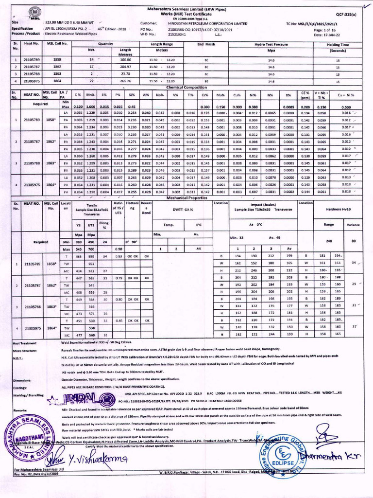 MTC 1825 | PDF | Pipe (Fluid Conveyance) | Ultimate Tensile Strength