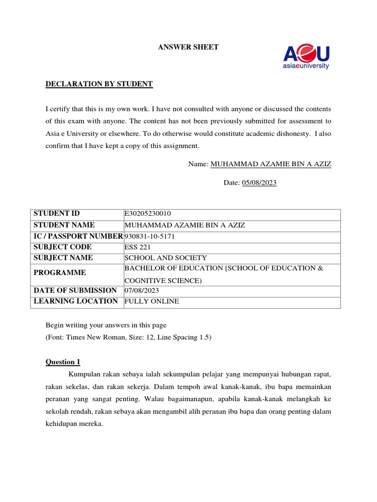 Muhammad Azamie Bin A Aziz - E30205230010 - Ess221 | PDF