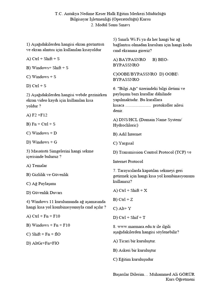 İnternet Ve E-Posta Yönetimi Modülü 2. Modül Sonu Sınavı | PDF