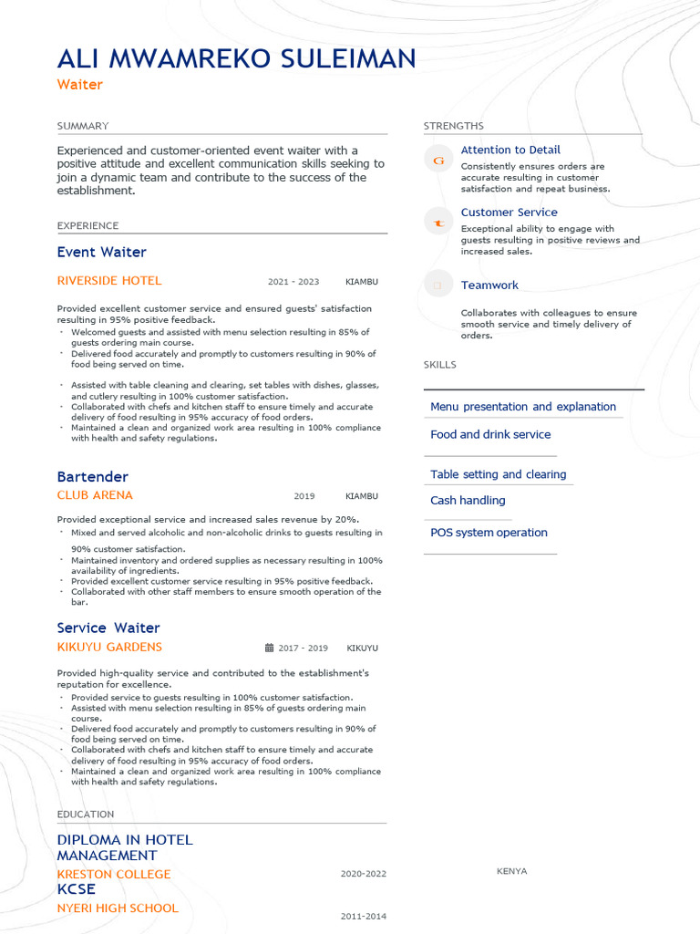 Ali Mwamreko Suleiman Waiter's CV | PDF | Waiting Staff | Restaurants