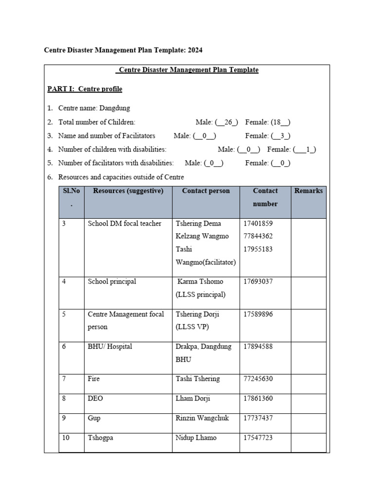 Centre Disaster Management Plan Template: 2024 Centre Disaster ...