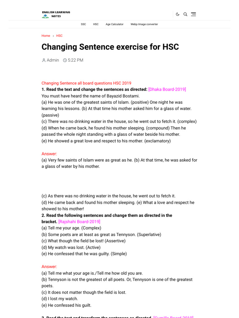 HSC Changing Sentence (Last 2019) | PDF | Language Arts & Discipline