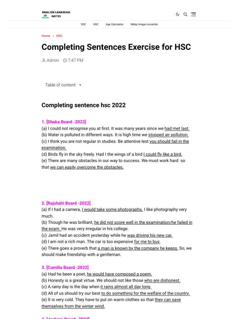 HSC Completing Sentence all Board | PDF