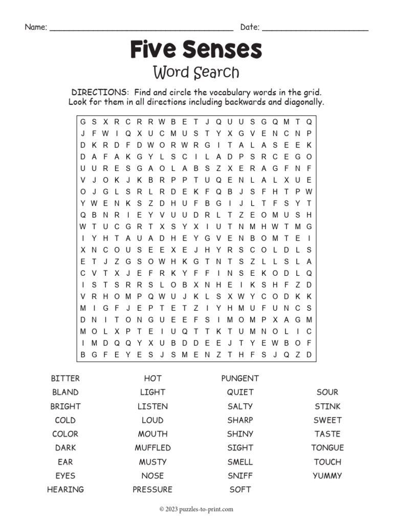 Five Senses Word Search Puzzle | PDF | Word Search | Linguistics