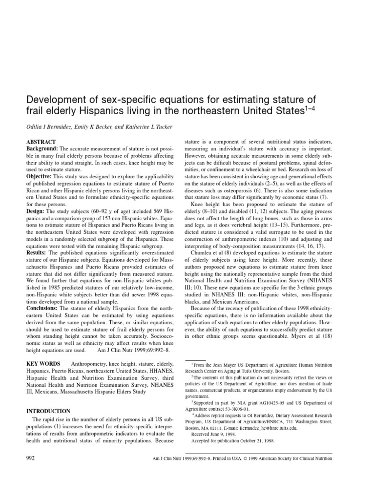 Development Of Sex Specific Equations For Estimating 1999 The
