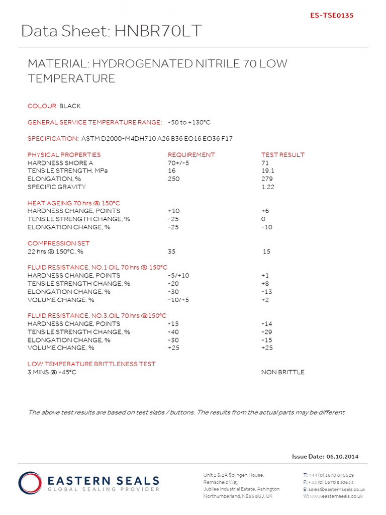 HNBR70LT Data Sheet - Low Temp Nitrile | PDF | Hardness | Ultimate ...