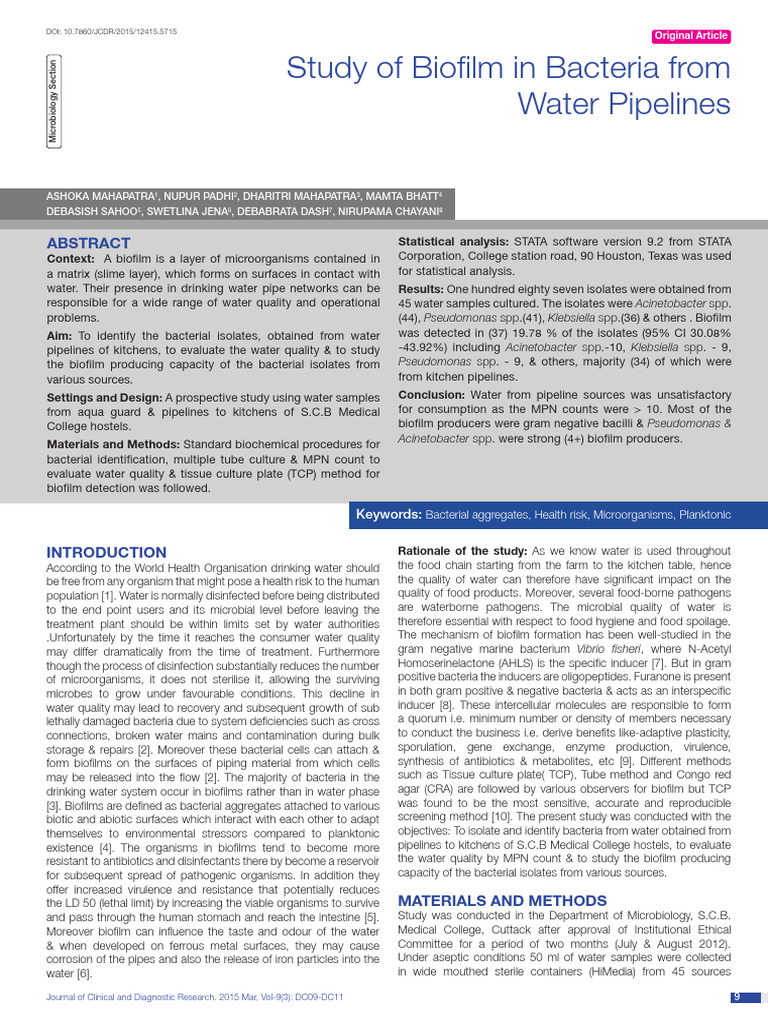 Study of Biofilm in Bacteria From Water Pipeline | PDF | Biofilm | Bacteria