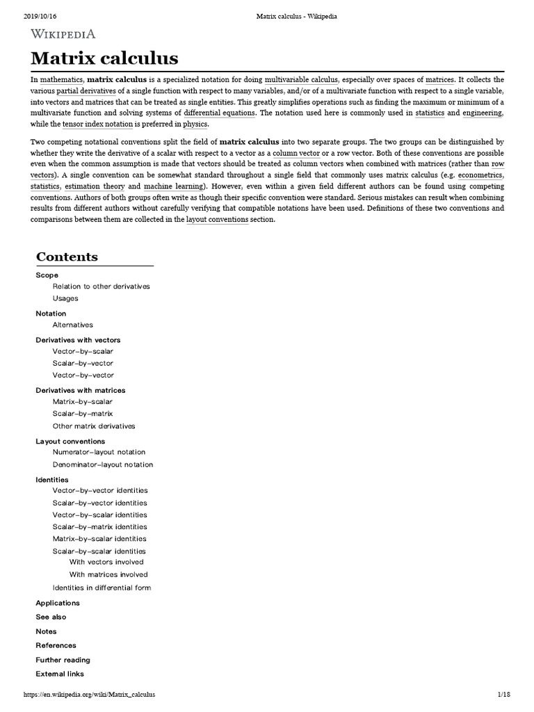 矩阵微分手册-Matrix calculus-Wikipedia | PDF | Derivative | Matrix (Mathematics)