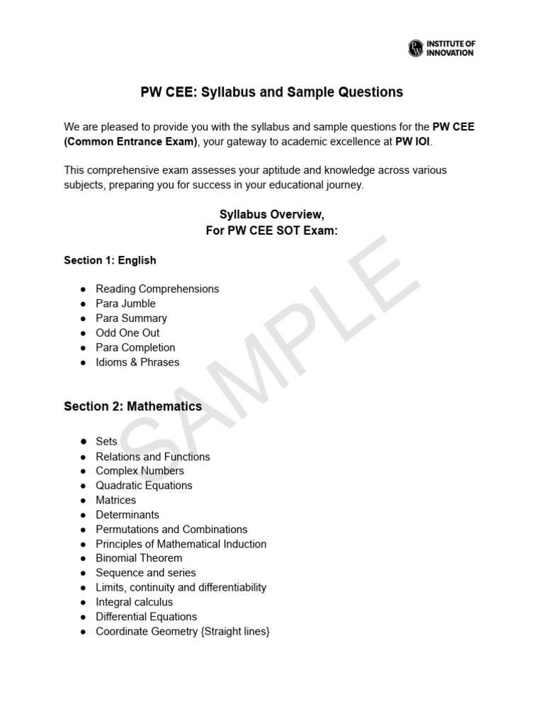 PW CEE: Syllabus and Sample Questions: (Common Entrance Exam), Your ...
