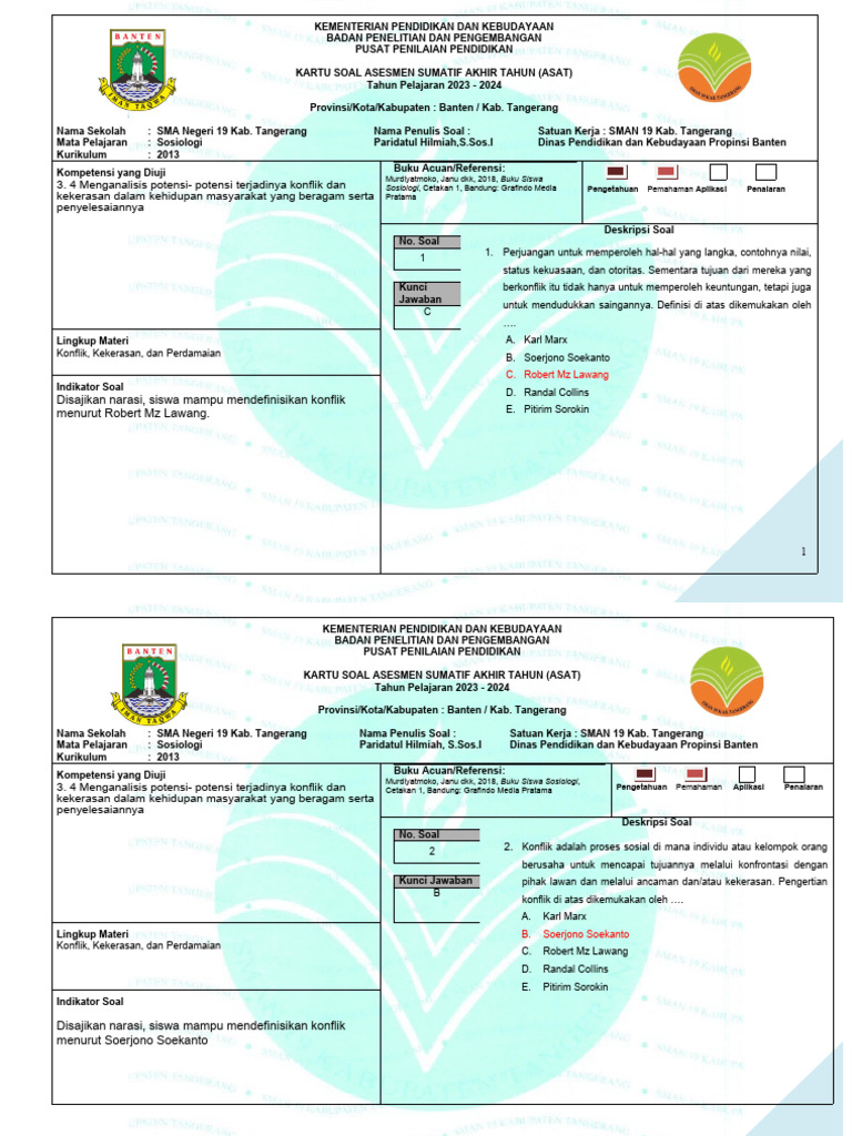 Datul Kartu Soal Sosiologi Xi Sem2 Asat 2023-2024 | PDF
