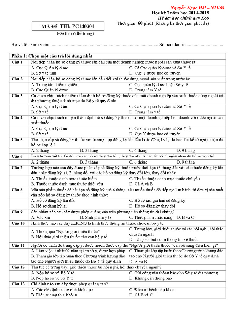 K66 Đề trắc nghiệm | PDF