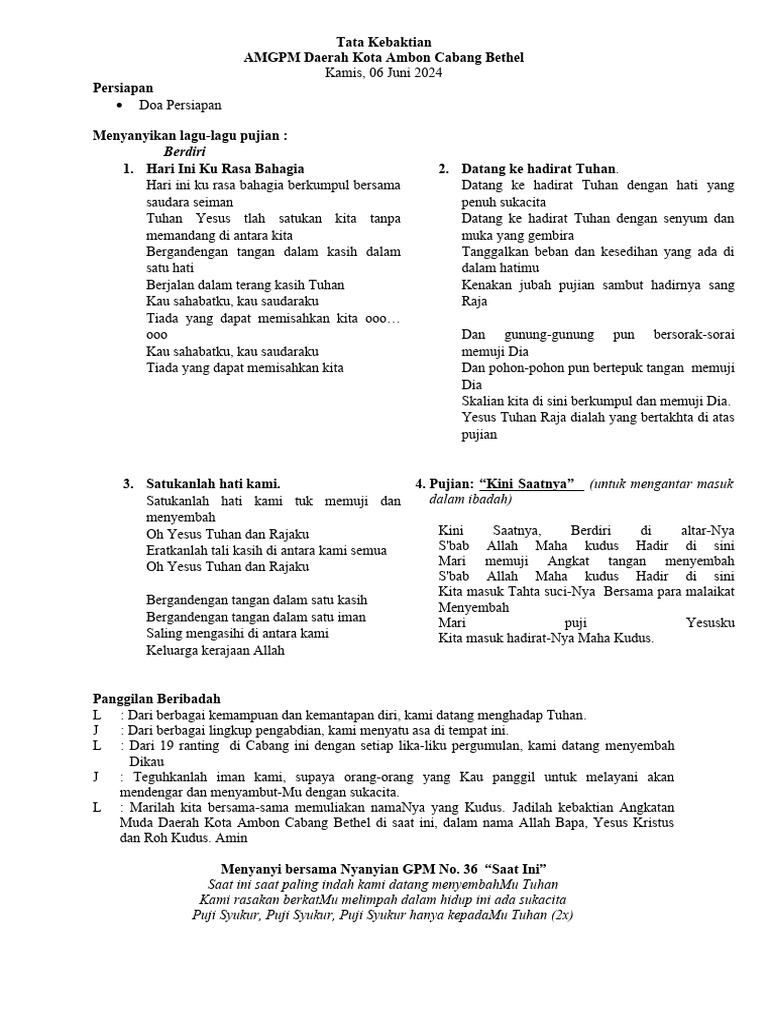 Tata Kebaktian Ibadah Cabang Juni 2024 | PDF