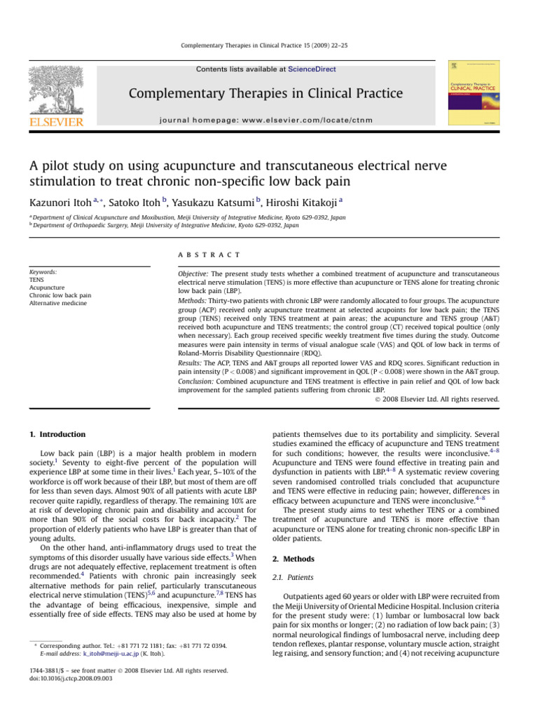 A Pilot Study On Using Acupuncture and Transcutaneous Electrical Nerve | Download Free PDF ...