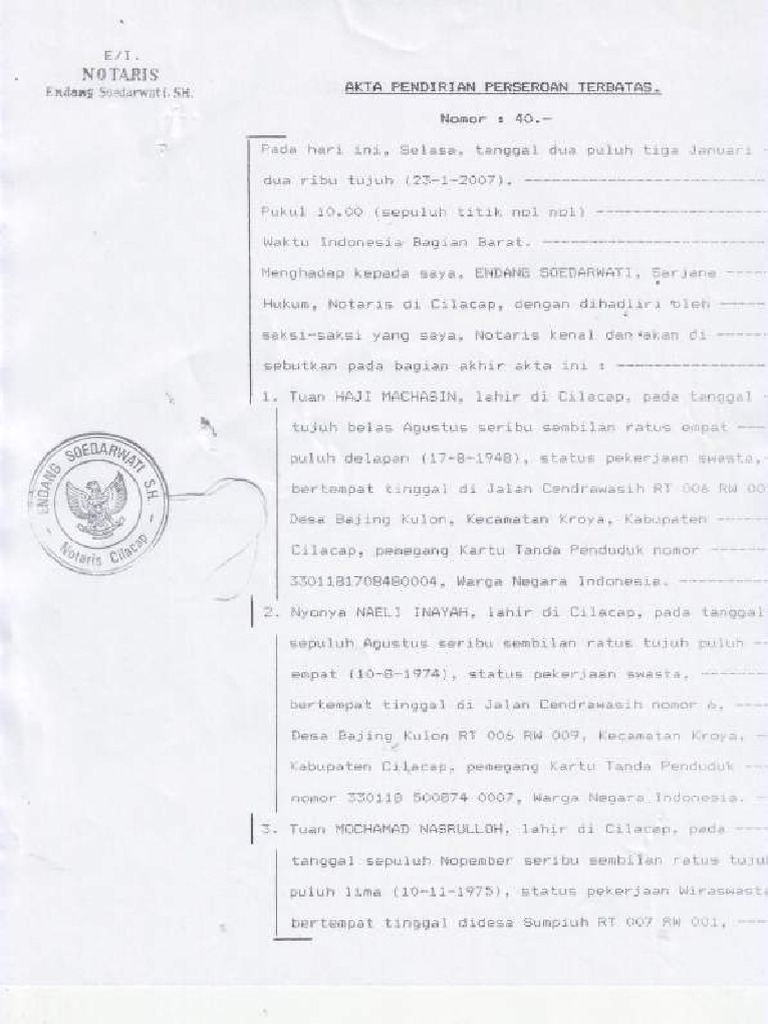 Akta Pendirian PT - Jadi Baru TH 2007 | PDF