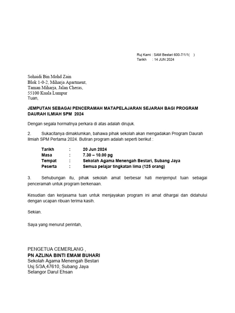 Surat Jemputan Penceramah SPM 2024 | PDF
